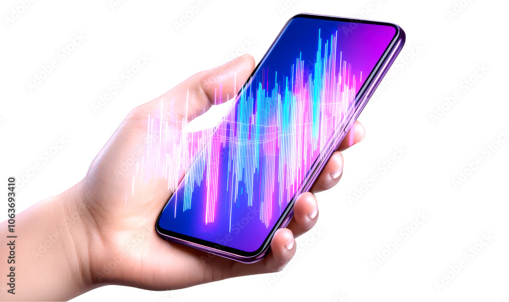 Hand holding a smartphone displaying vibrant sound wave graphics ...