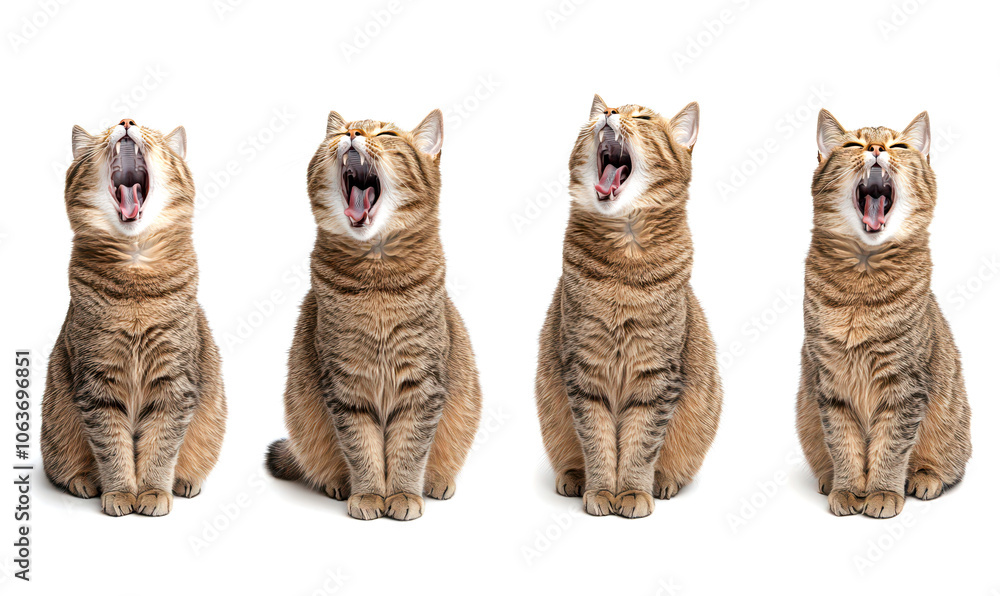 Four tabby cats sitting in a row with mouths open in a sequence of yawns Isolate on white ...