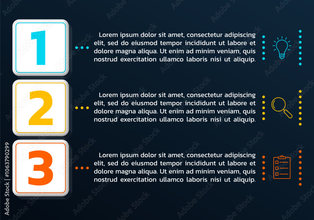3 step info graphic template. List diagram, chart with three numbers ...