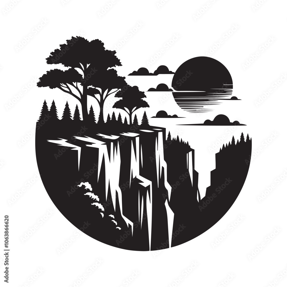 Cliffside with trees silhouette vector art like the logo black color ...
