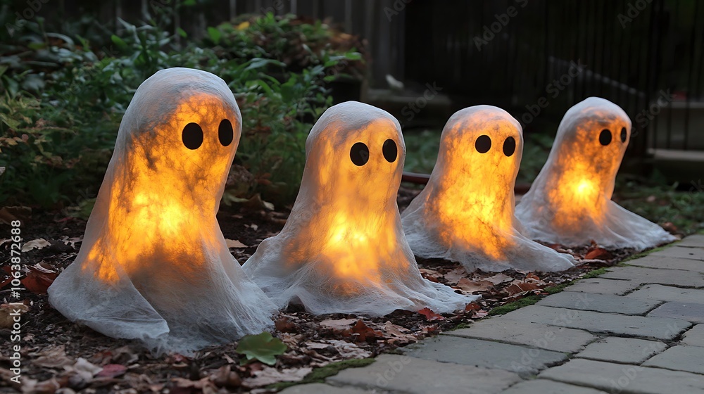 Four glowing white ghosts with black eyes, lit from inside, arranged ...