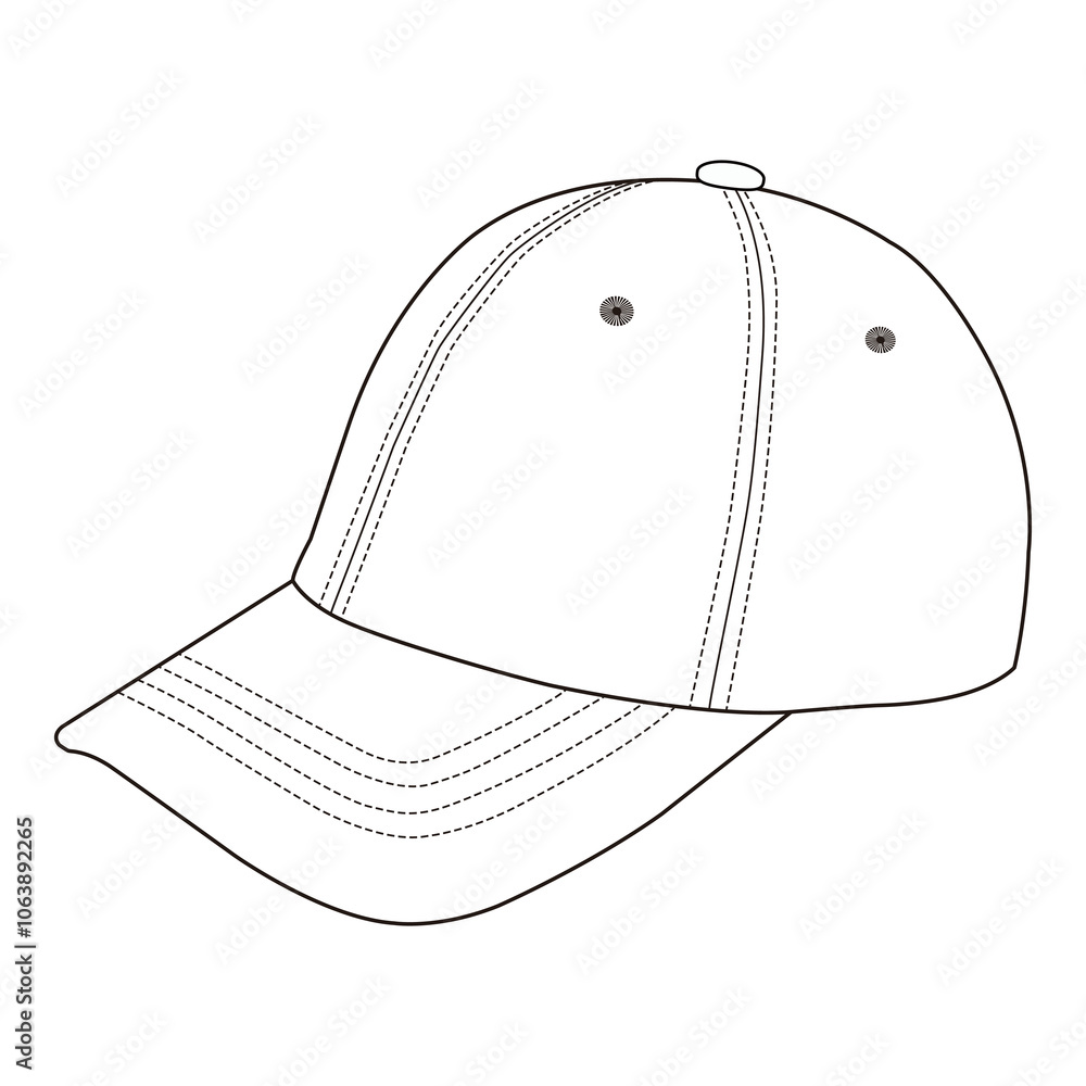 Side view line illustration of a baseball cap with visible stitching ...
