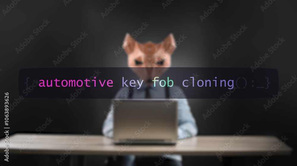 Cybersecurity cautomative key fob screen, hacker silhouette hidden with ...