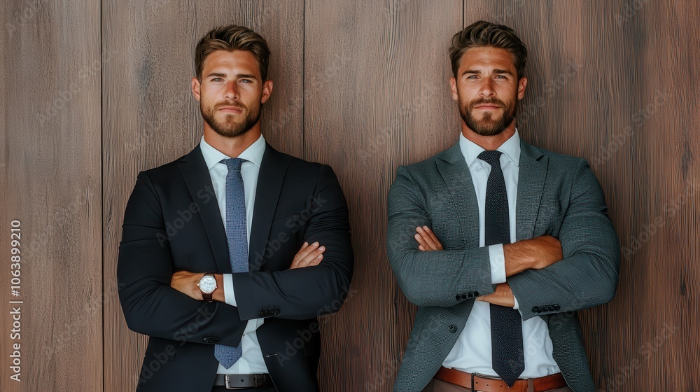 Twin men pose confidently with arms crossed against a wooden background ...