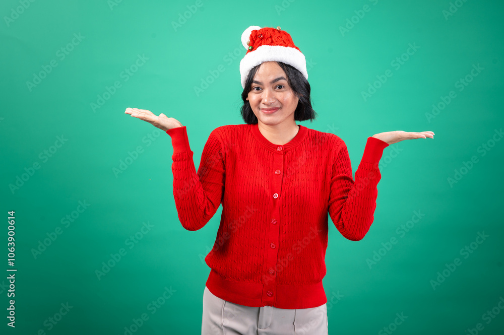An Asian woman in a red sweater and Santa hat shrugs with both hands ...