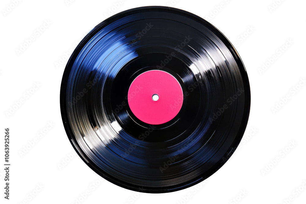 Classic black vinyl record with a pink label, isolated on a transparent ...