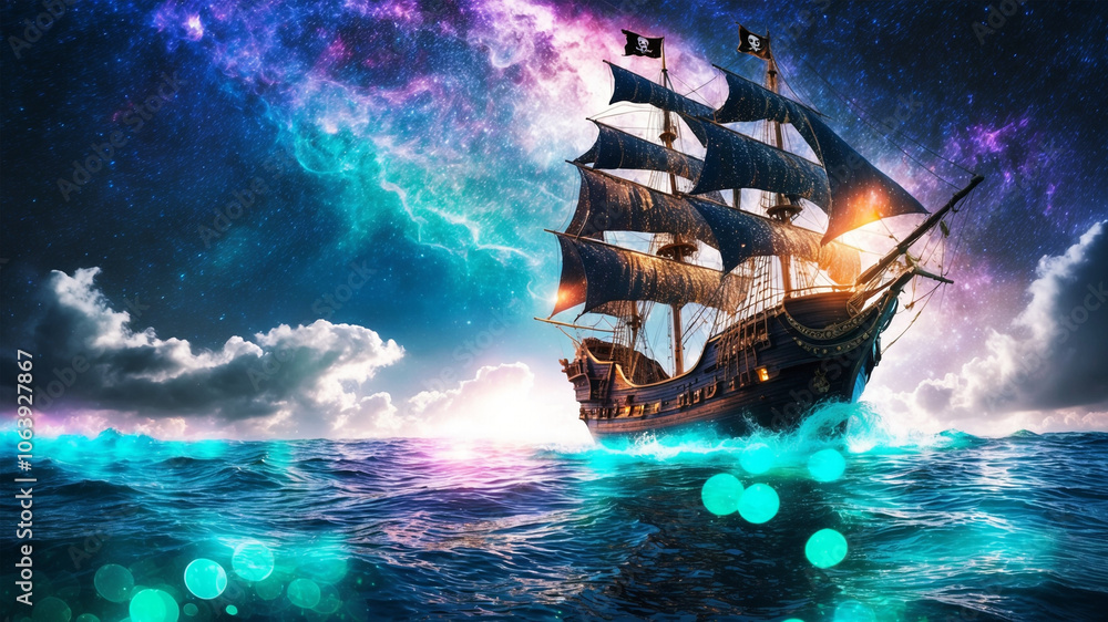 Pirate Ship on a Bioluminescent Ocean Sea, Galaxy of Stars in the Night ...