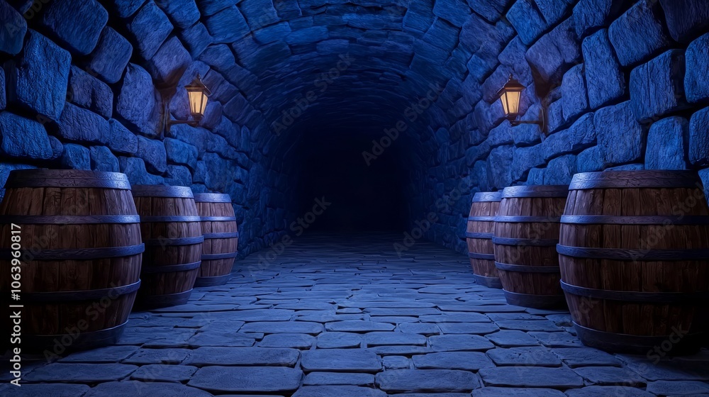 A scary, endless medieval catacomb with torches. Concept of a nightmare ...