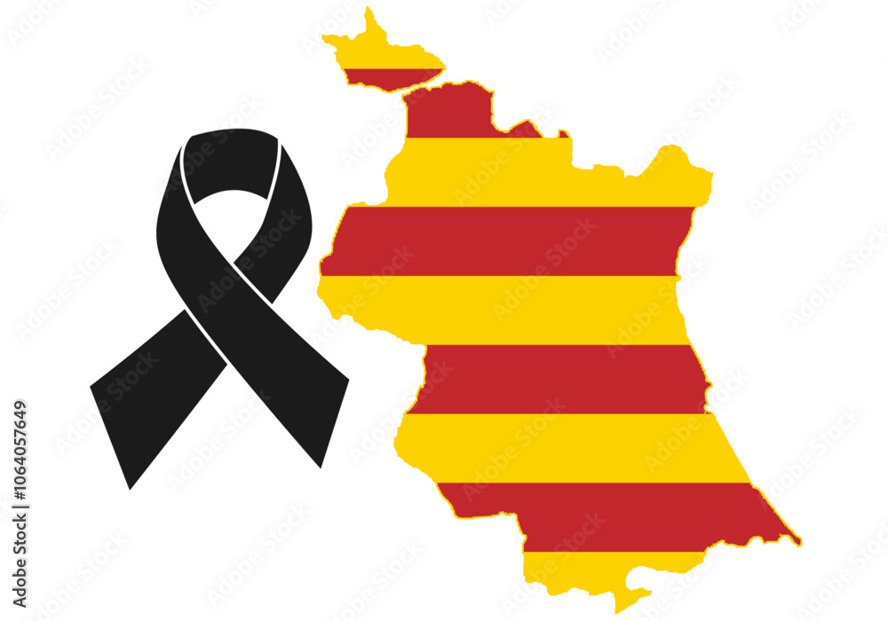 Mapa de Valencia con bandera de barras roja y amarilla con lazo de luto ...