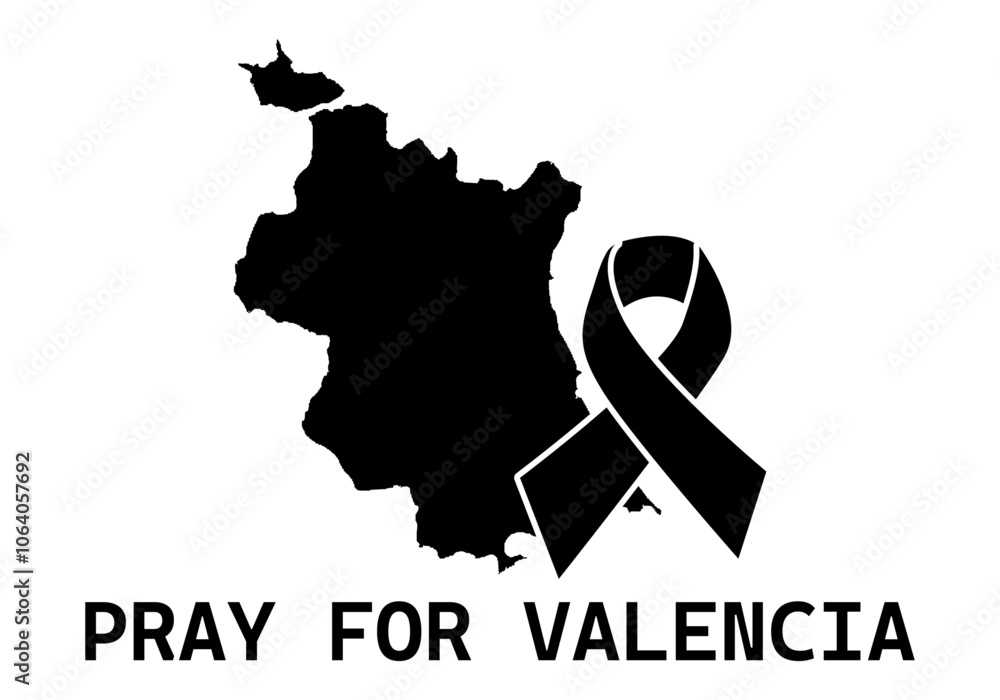 Cartel de mapa de Valencia con lazo negro de luto y texto de "Pray for ...