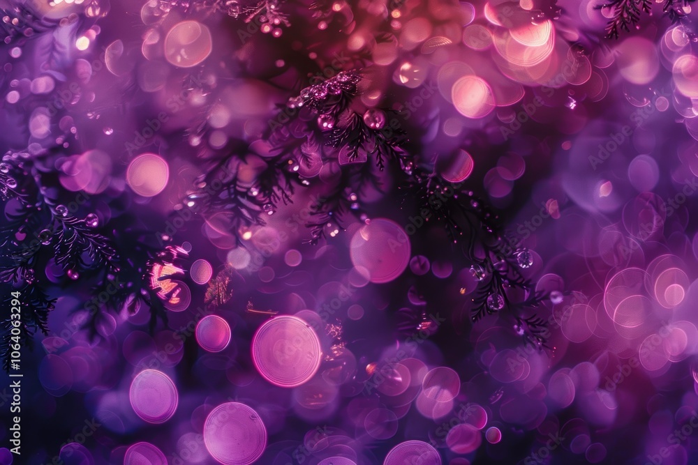 Magical purple forest scene with bokeh lights and silhouettes of ...