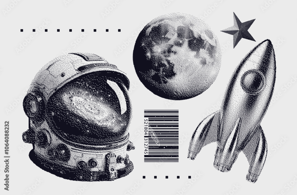 galaxy elements set, retro photocopy stipple effect style, halftone ...