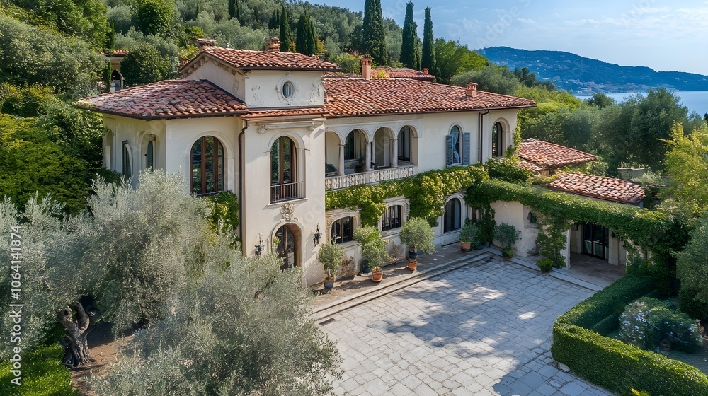A classic Mediterranean villa with stucco walls, terracotta roof tiles ...