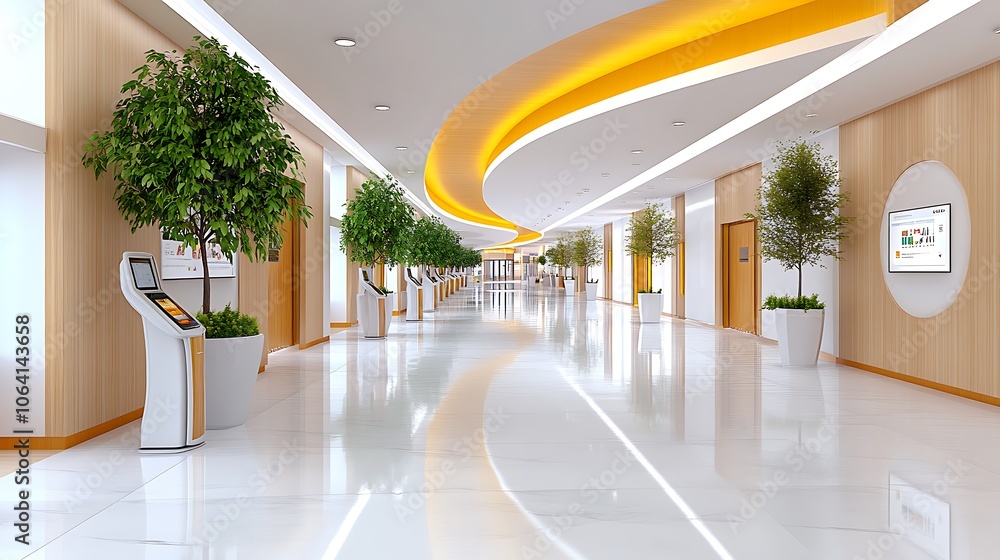 A sleek and modern hospital lobby is shown, featuring automated check ...