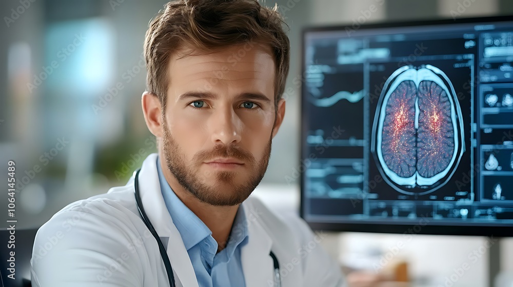 Side view of a radiologist comparing traditional MRI images with AI ...