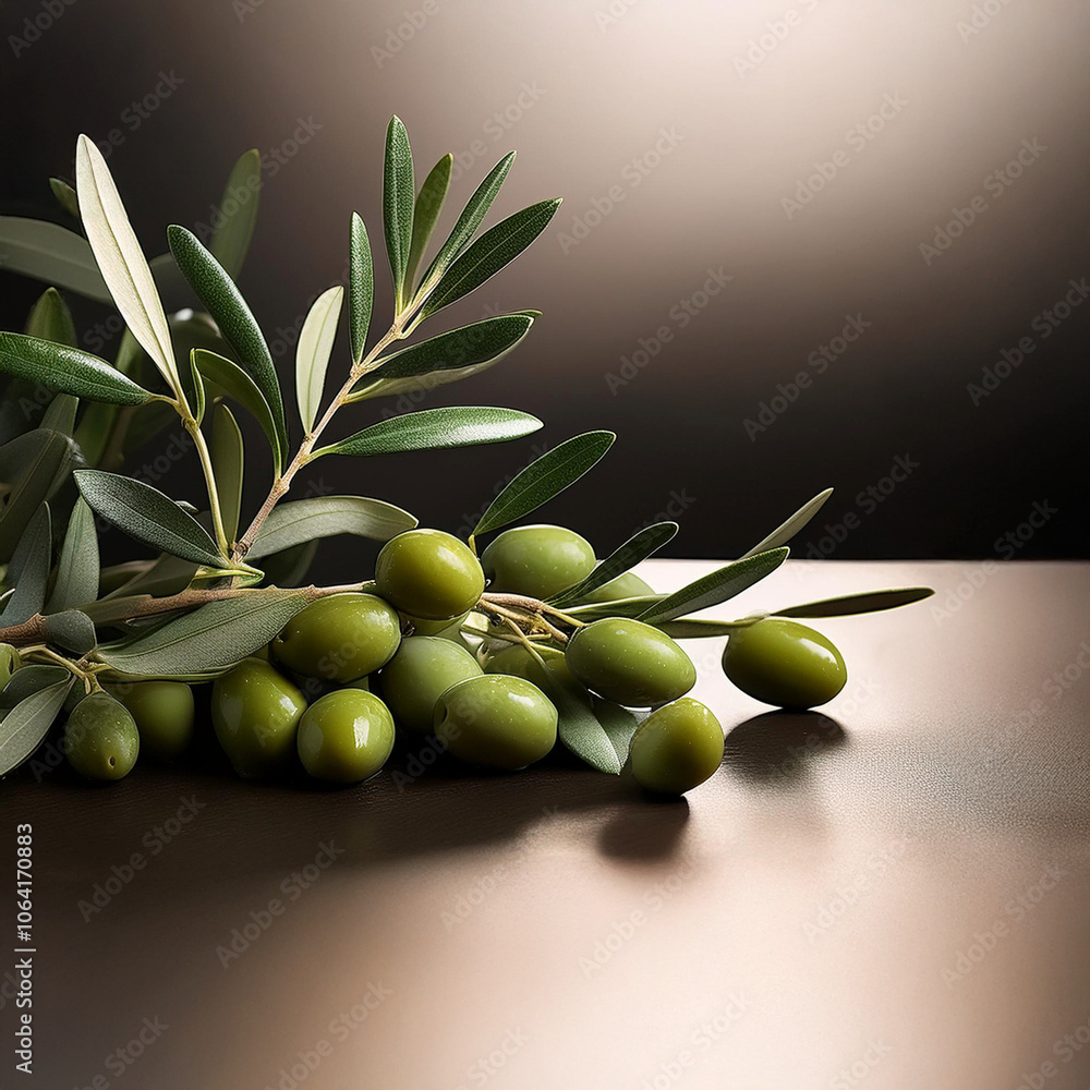 Photo of an olive tree branch, with preserved green olives on a neutral ...