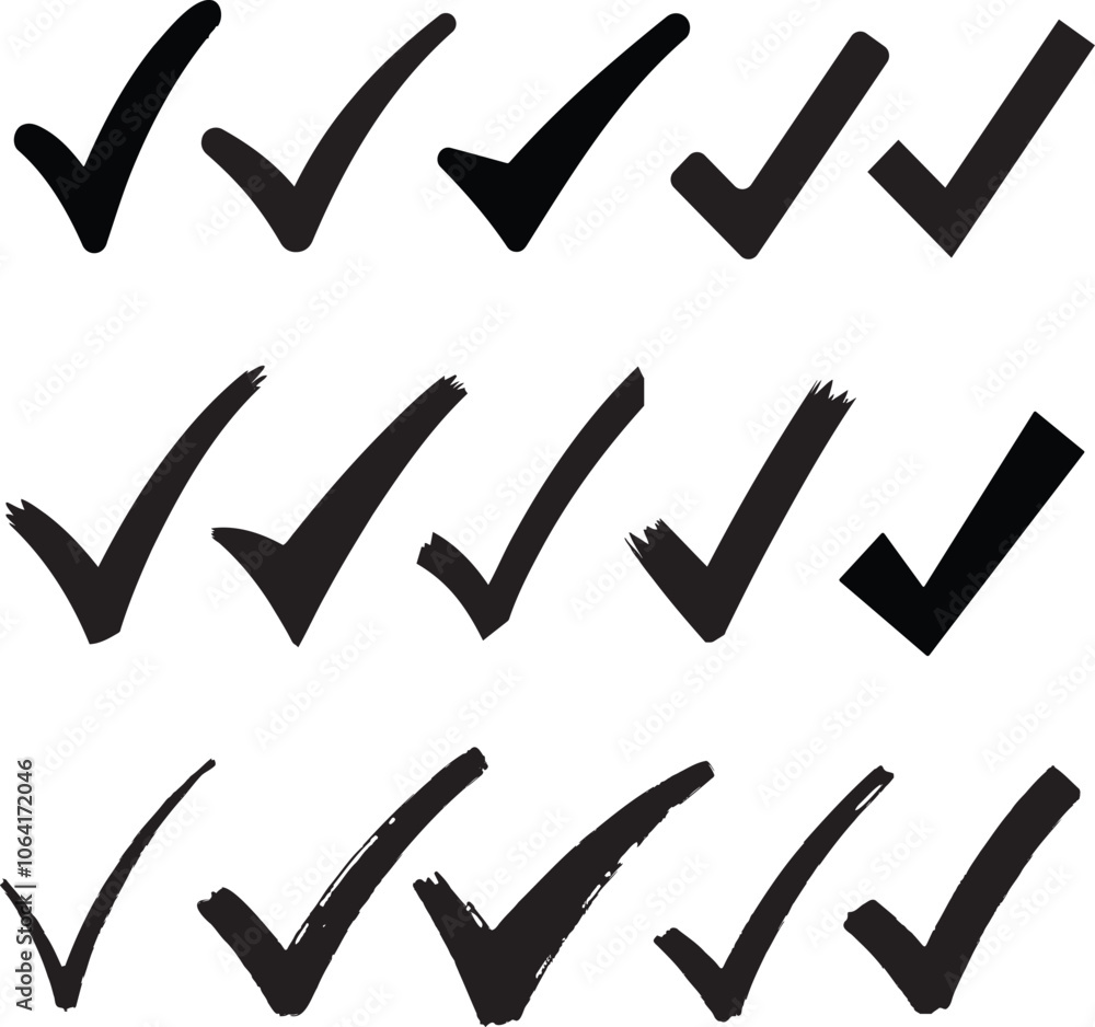 Black simple check mark icon set, Tick symbol in black color vector illustration bundle, Check ...