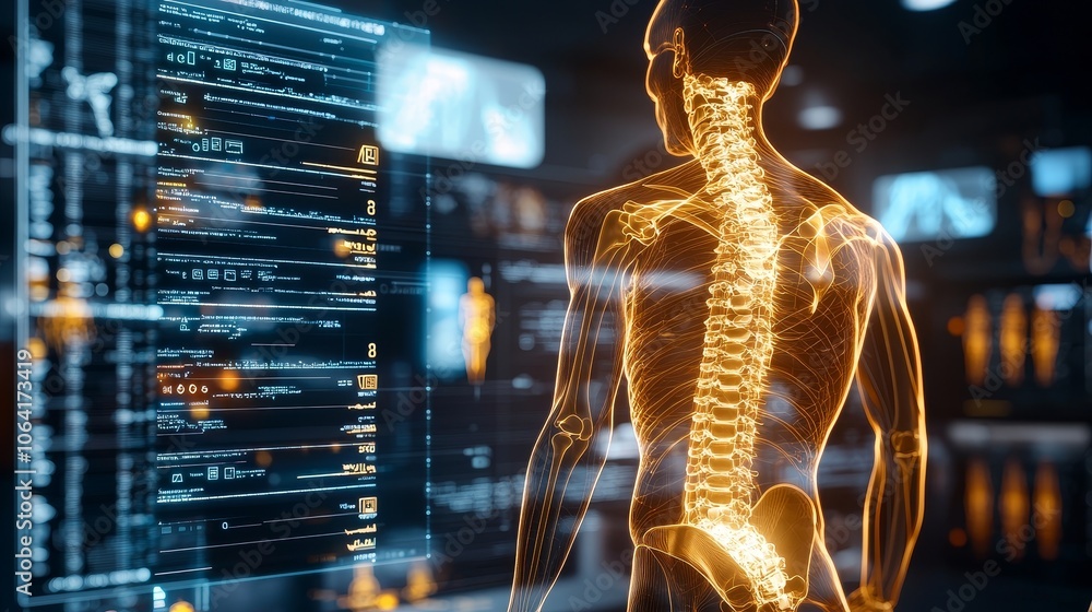 Anatomical diagram of human bones, layered with transparent technology ...
