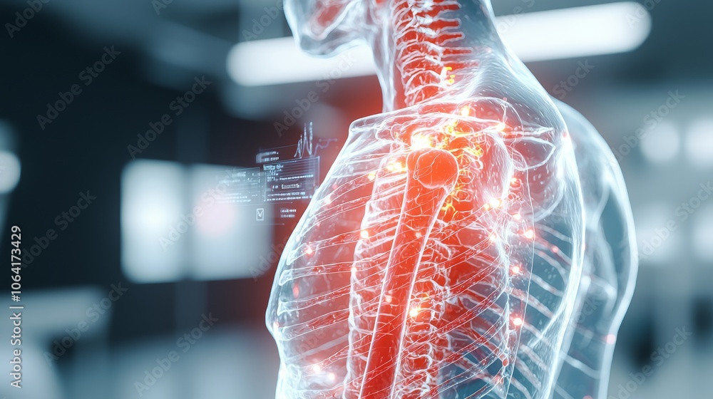 Anatomical diagram of human bones, layered with transparent technology ...