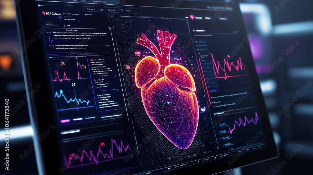 Biometric dashboard showing human heart anatomy, with vibrant ...