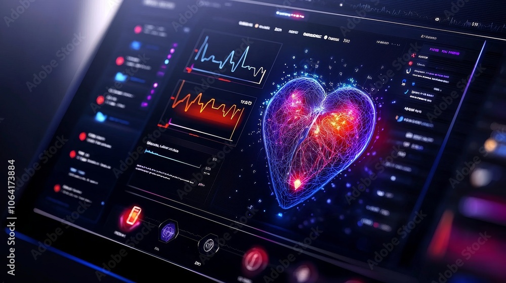 Biometric dashboard showing human heart anatomy, with vibrant ...