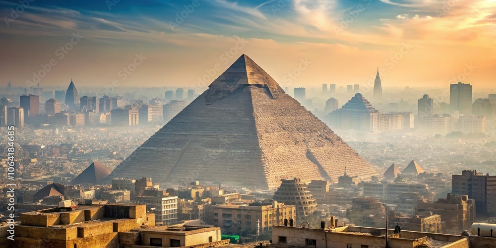 Great Pyramid of Giza with Cairo skyline in the background, depicting ...
