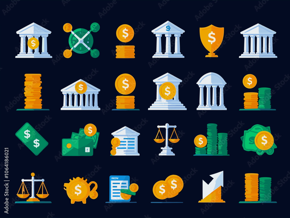 Financial service icon collection set. Containing bank, advisor, money ...