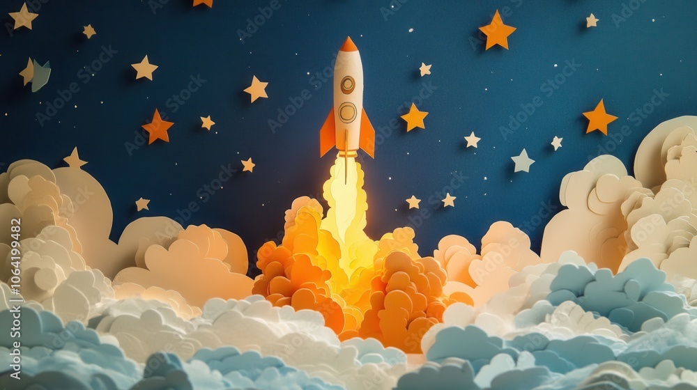 Artistic paper model of a rocket launch with layered clouds and night ...