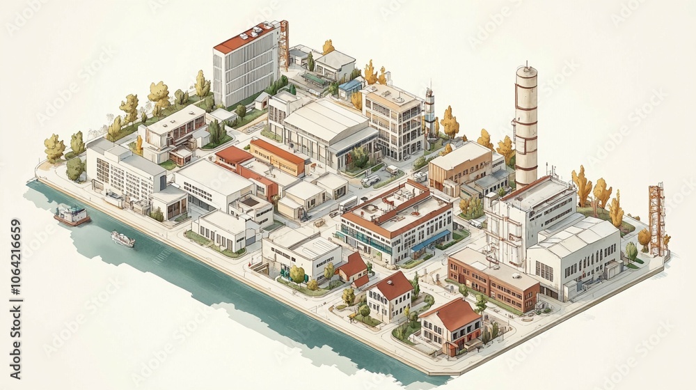 A modern vector map showing a city with a river, boats, downtown ...