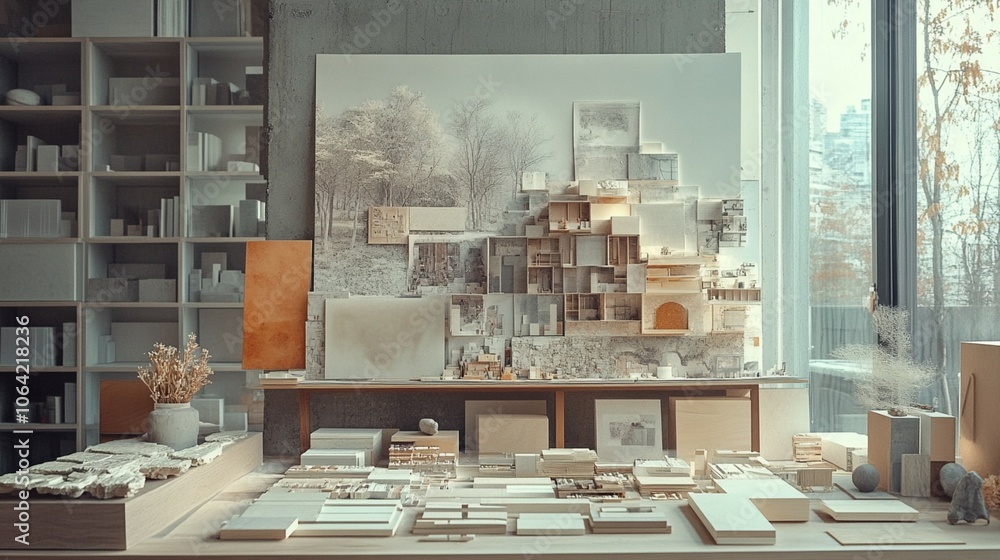 Collage of stairs and orange-gray walls, designed for architect mood ...