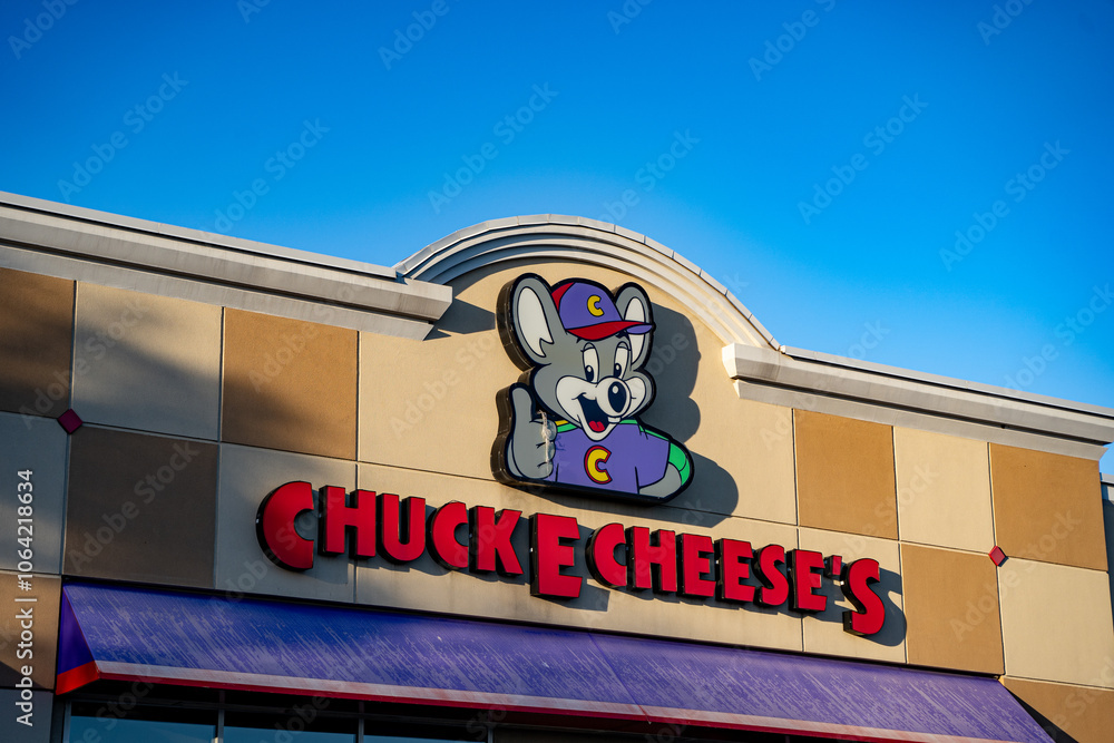 Chuck E Cheese sign. Chuck E. Cheese is an American entertainment ...