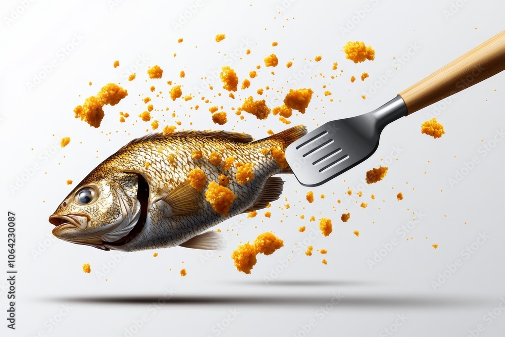Illustration of a fish being flipped with a spatula, with minimal ...