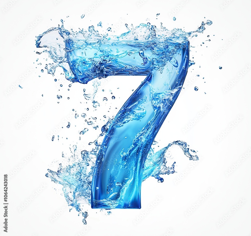 Water font number 7 made of water on white background. blue liquid ...