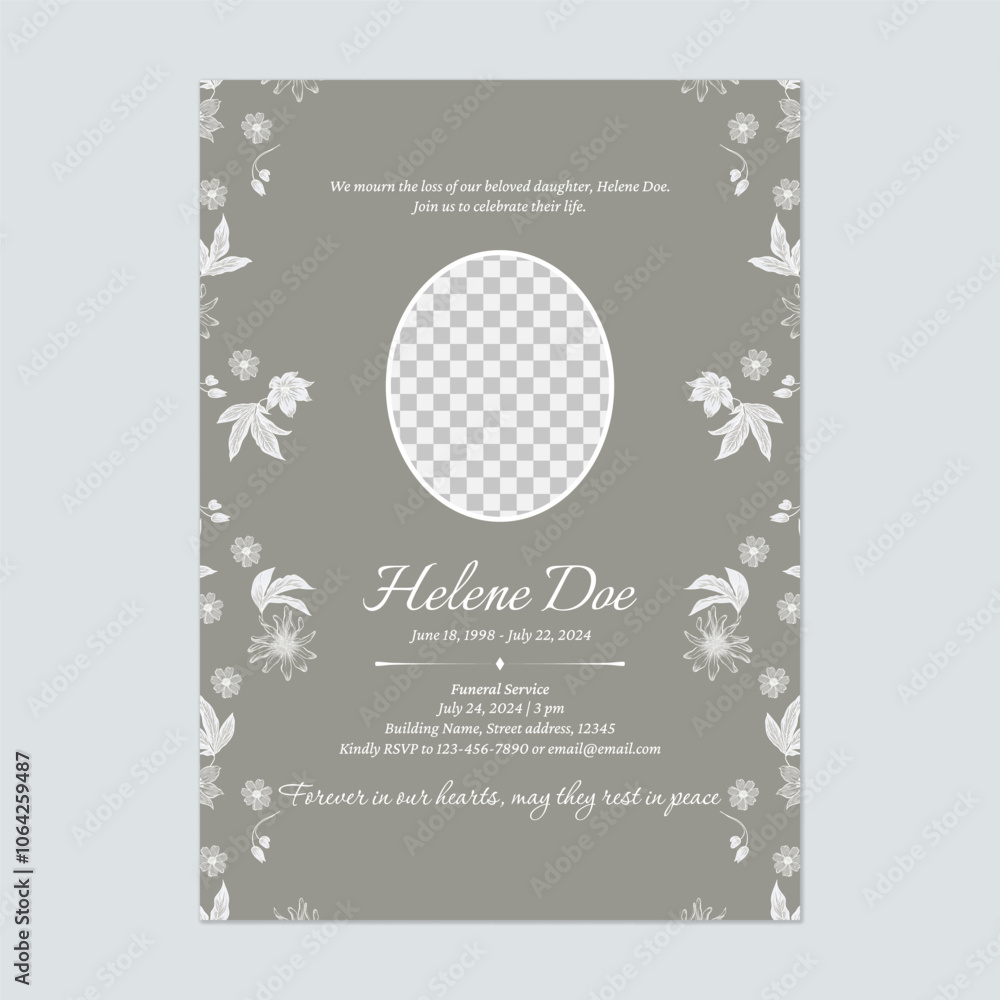 Floral funeral invitation template features a white floral border on ...