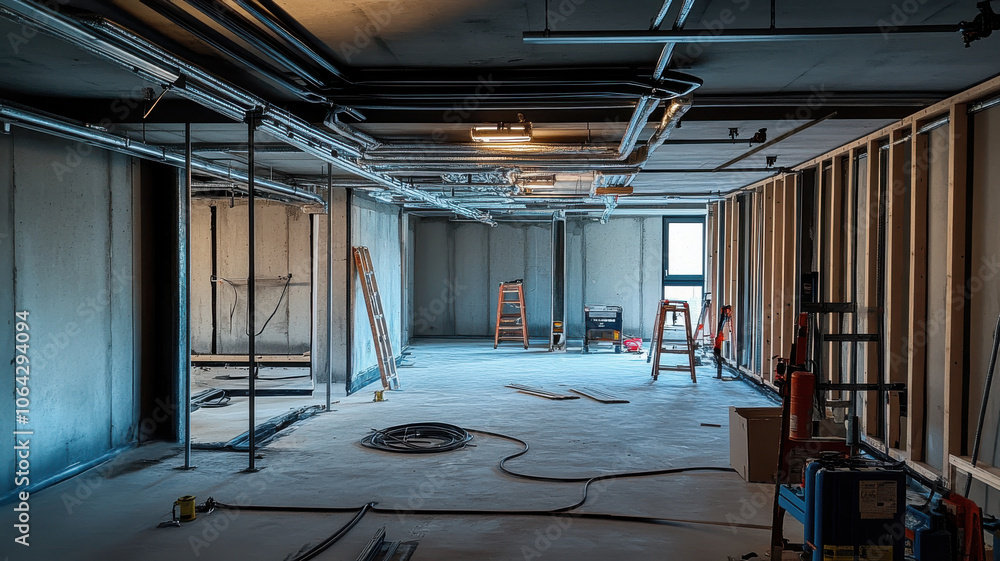 construction site showing unfinished interior with exposed piping and ...