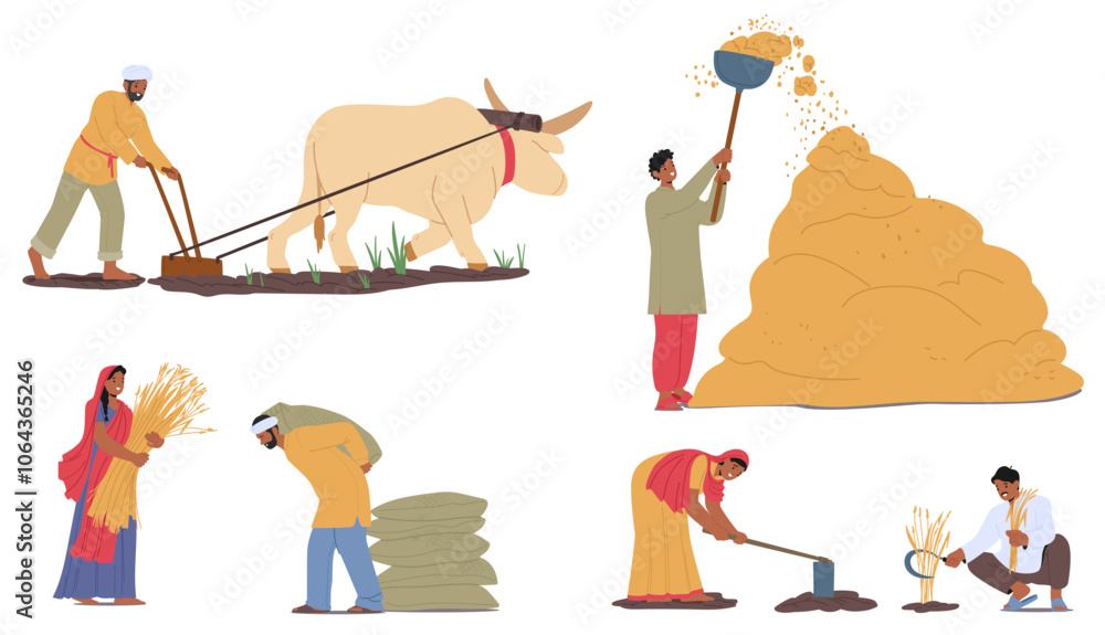 Traditional Farming Activities Featuring Indian Men And Women Working ...