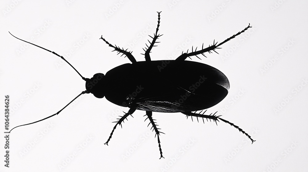 28.A detailed silhouette of a cockroach as seen from above, with all ...