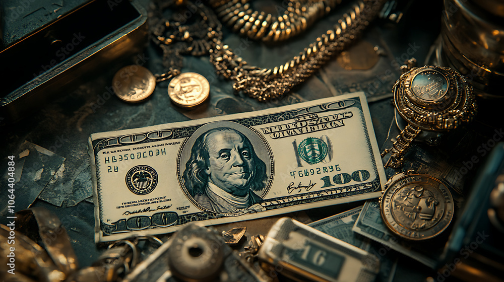 High-value antique items including a 100 dollar bill on a vintage ...
