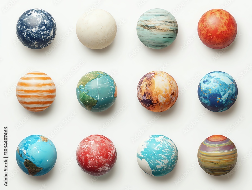 Twelve colorful planet replicas displayed in a grid, showcasing the ...