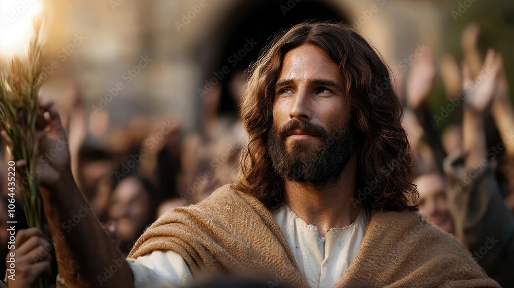 Triumphal entry scene: Jesus Christ rides into Jerusalem on donkey, met ...