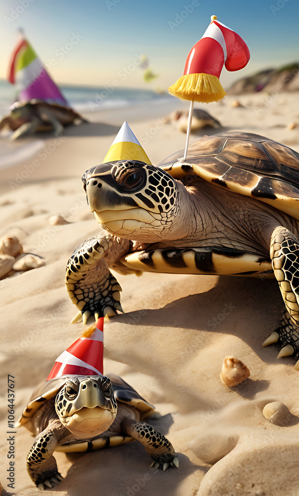 Cute Background of Turtles with Party Hats Racing on a Beach with ...