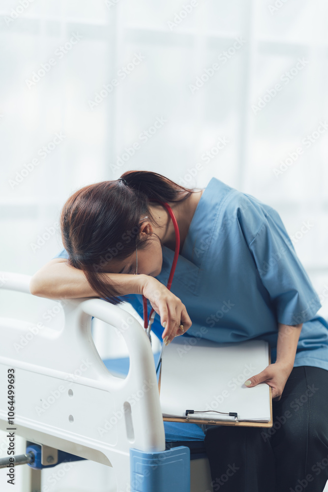 Exhausted Doctor: A female doctor rests her head on a hospital bed ...