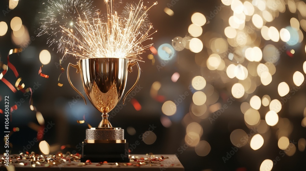 Gold trophy cup positioned on a podium with confetti and fireworks in ...
