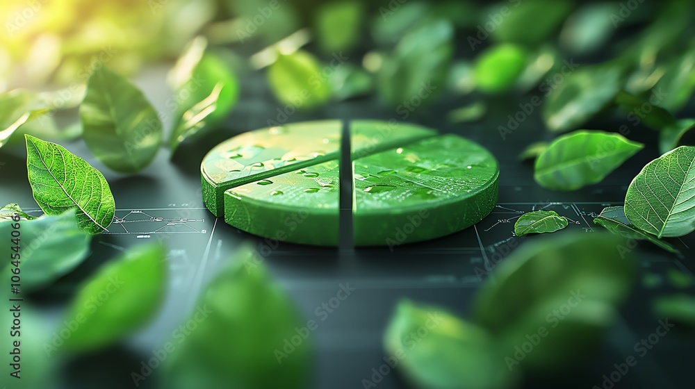12 Green pie charts on a document, fresh leaves floating around ...