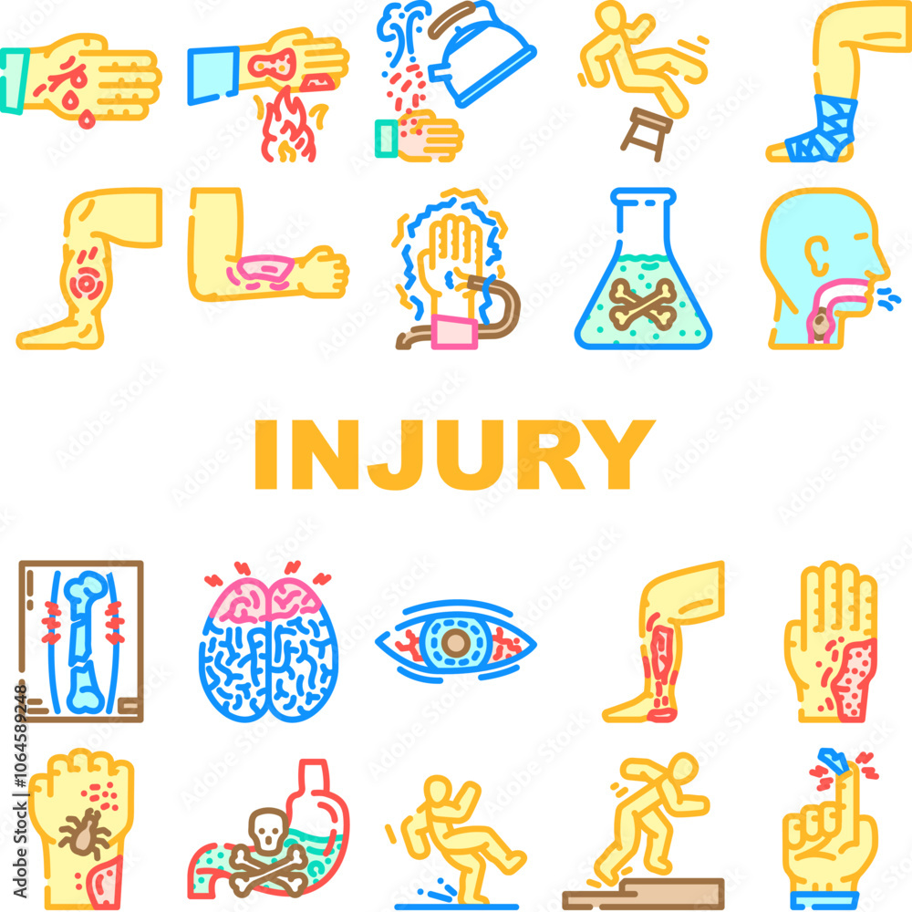 household injury fall burn cut icons set vector. slip trip, bruise ...