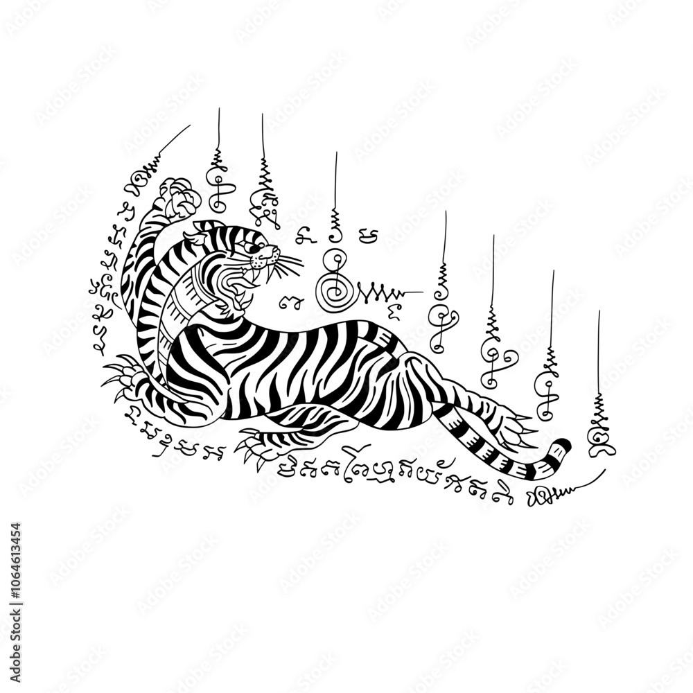 Thai traditional tattoo, a tiger looking back (Suea Leaw Lung). vector ...