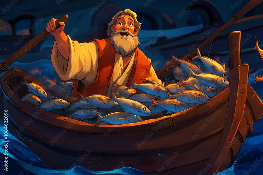 Peter's boat overflowing with fish, cartoon, Bible story. Stock ...