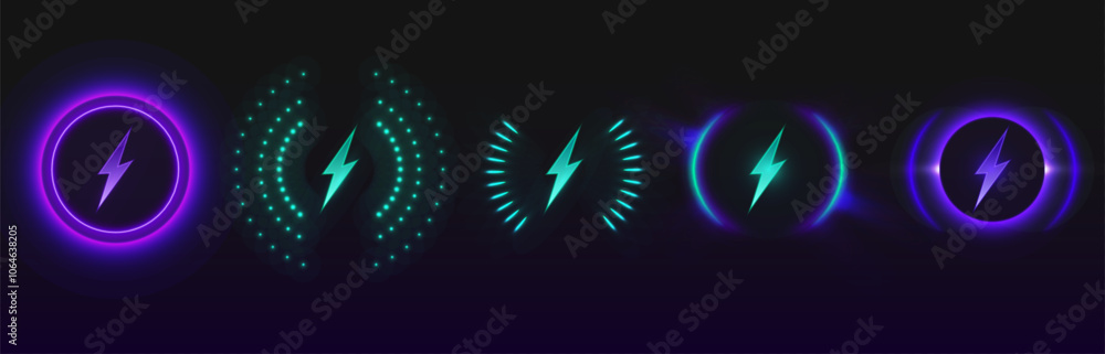Glowing wireless charging icons set with lightning bolt symbols in neon ...