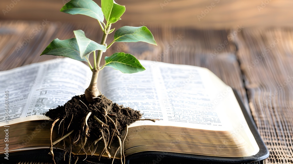 The cross, deeply rooted in an open Bible. Faith, growth,depth ...