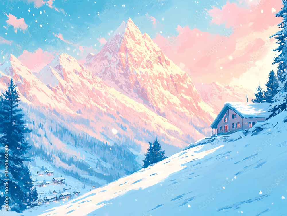 Switzerland, Swiss Alps in pastel-toned in anime style, snowy mountain ...